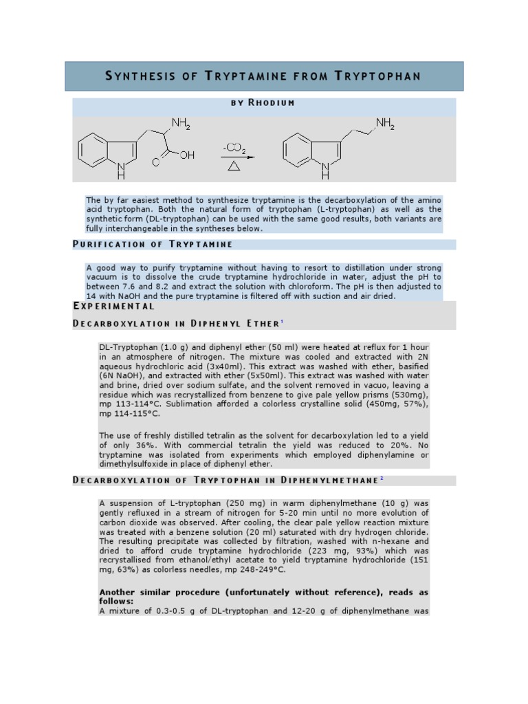 Tryptamine Synthesis from Tryptophan | PDF | Chemical Substances ...