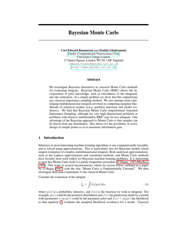 Bayesian Monte Carlo: Carl Edward Rasmussen and Zoubin Ghahramani | PDF | Monte Carlo Method ...