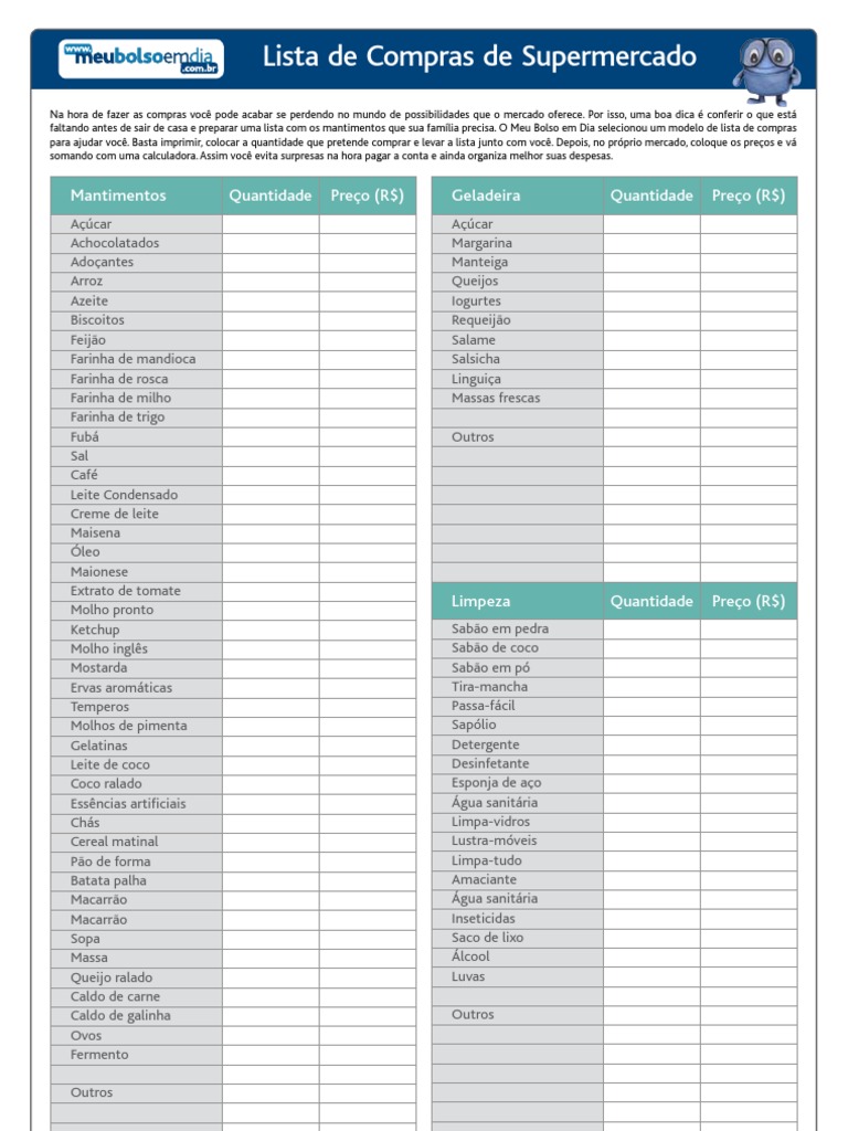 Modelo de Lista de Compras Organizada por Categorias para Facilitar as ...