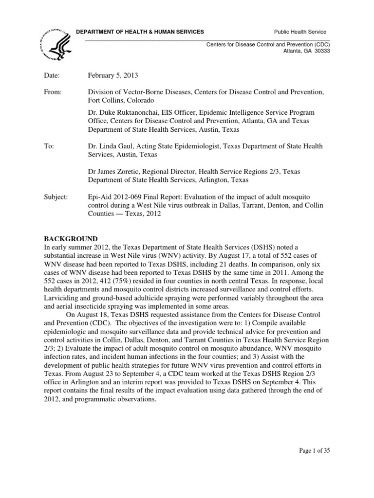 WNV in Texas Final Report | PDF | Surveillance | Centers For Disease ...