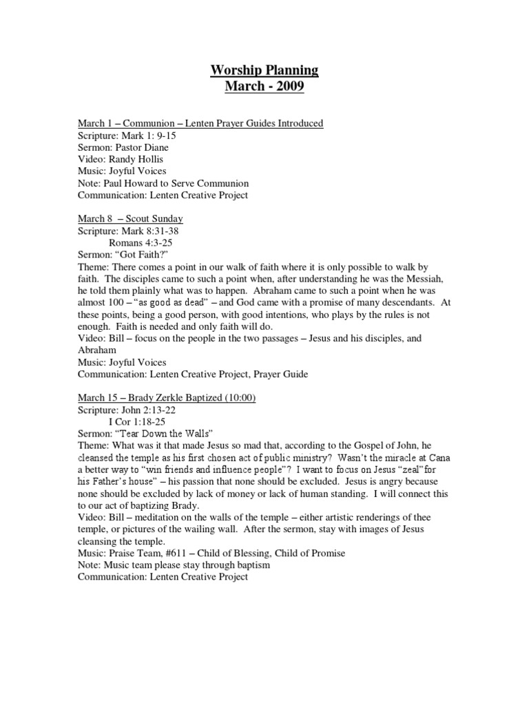 March 2009 Worship Planning Guide | PDF | Gospel Of Mark | Gospel Of John