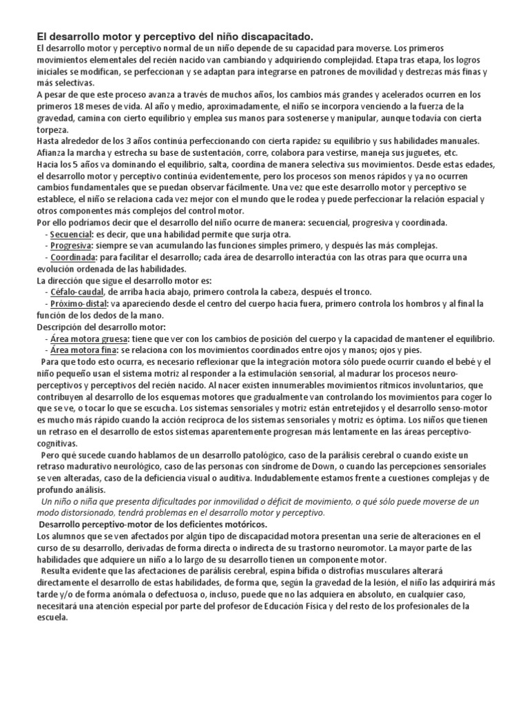 El Desarrollo Motor y Perceptivo Del Niño Discapacitado | PDF | Invalidez | Educación Física