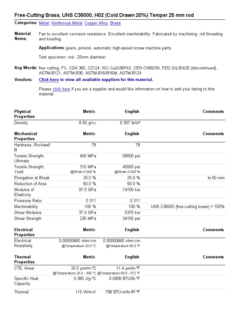 C36000 Free-Cutting Brass Rod Data | PDF | Ultimate Tensile Strength ...