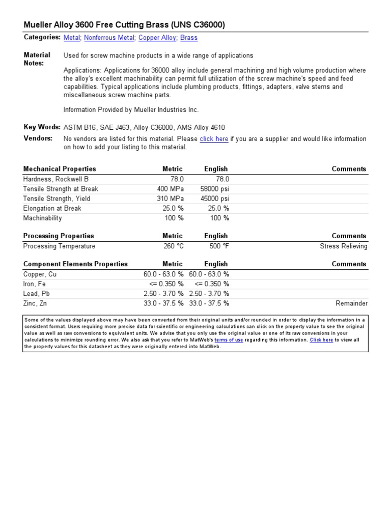 Mueller Alloy 3600 Free Cutting Brass (UNS C36000) | PDF | Technology ...