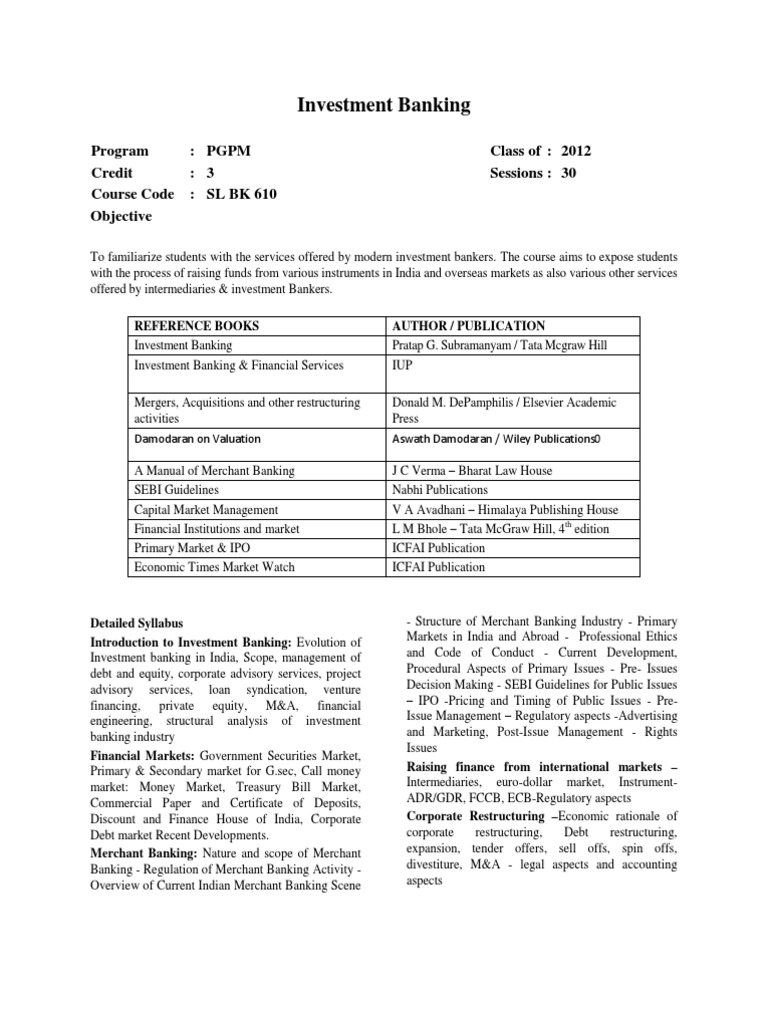 Syllabus, Investment Banking, SLBK610 | PDF | Investment Banking | Banks