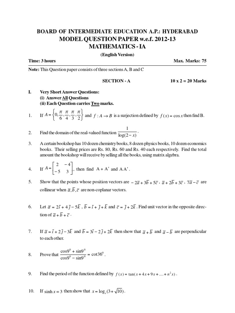 Mathsanew, Intermediate I Year Sample Question Papers | PDF | Sine ...