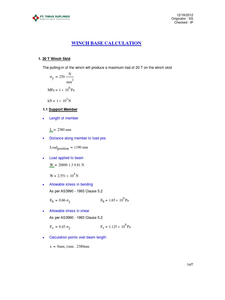 Mathcad - Winch Base Cal | PDF | Screw | Stress (Mechanics)