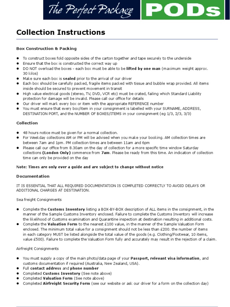 Collection Instructions: Box Construction & Packing | PDF | Cargo | Customs