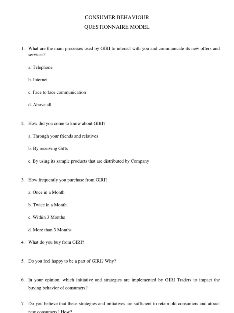 Consumer Behaviour Questionnaire | PDF | Consumer Behaviour | Behavior
