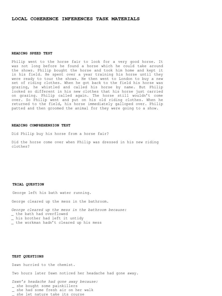 Local Coherence Inferences Test | PDF | Leisure