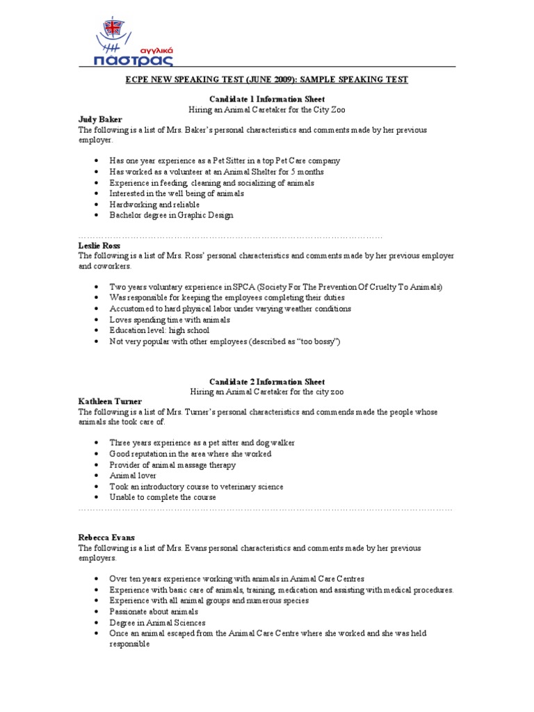 Sample Ecpe Speaking New Form | Zoo | Test (Assessment)