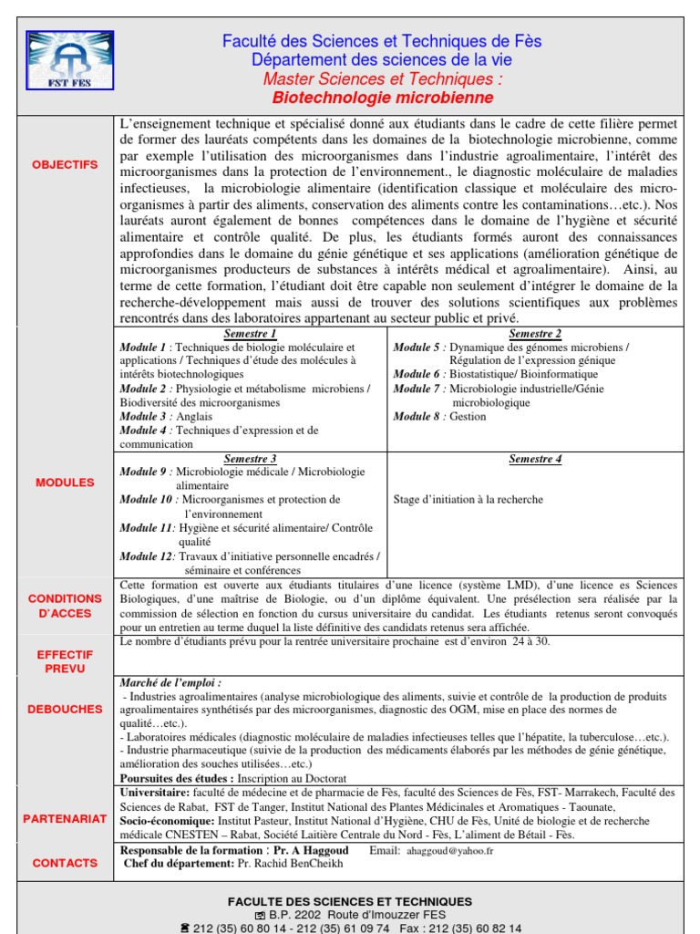 Master en Biotechnologie Microbienne | PDF | Biotechnologie | Baccalauréat universitaire