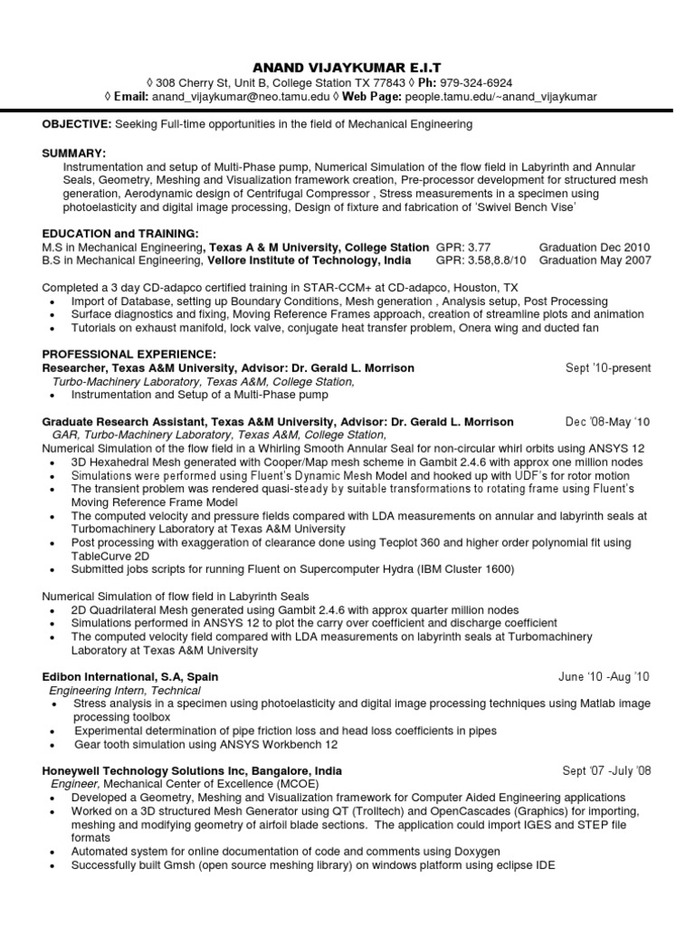 Resume Fulltime Anand | Download Free PDF | Computational Fluid Dynamics | Turbomachinery