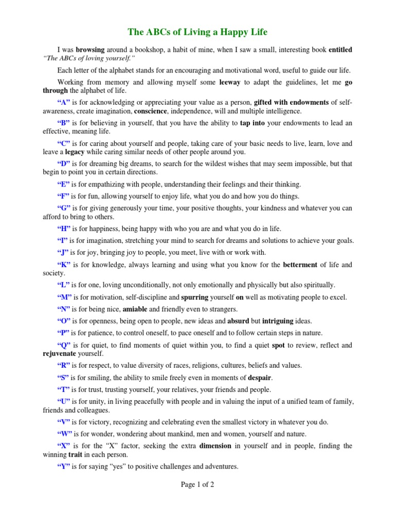 The ABCs of Living A Happy Life | PDF | Happiness | Motivation