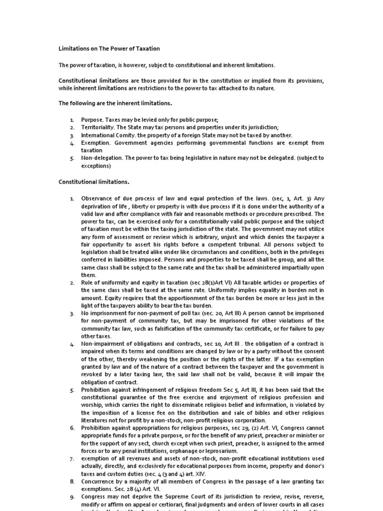 Constitutional Limits on Taxation Power | PDF | Tax Exemption | Due ...