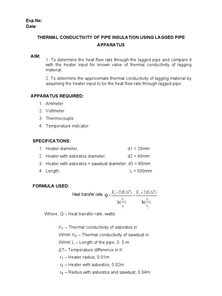 Thermal Conductivity of Pipe Insulation Using Lagged Pipe | PDF ...