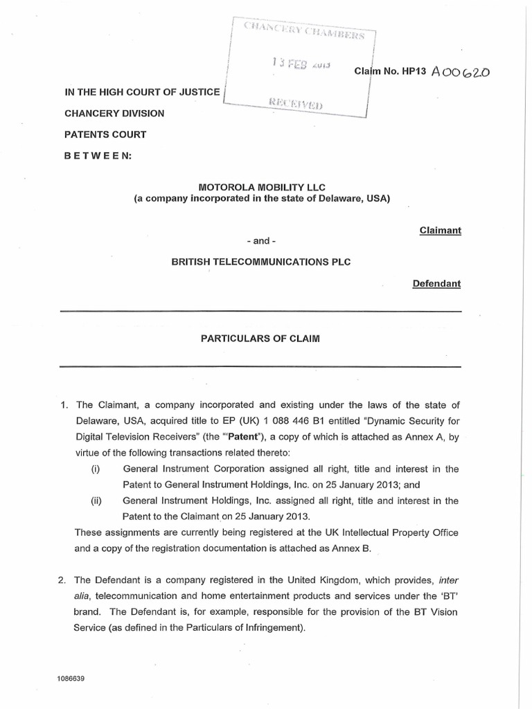 2013.02.13 Particulars of Claim [Stamped] | Injunction | Patent