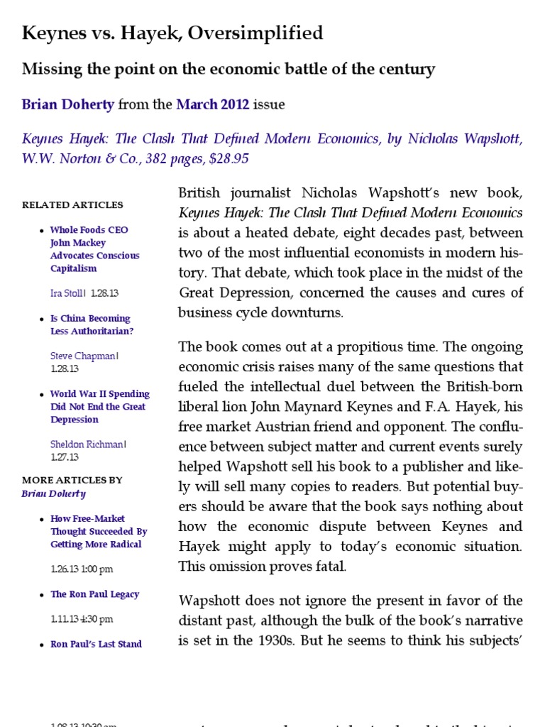 Keynes vs. Hayek, Oversimplified | PDF | Friedrich Hayek | Business Cycle