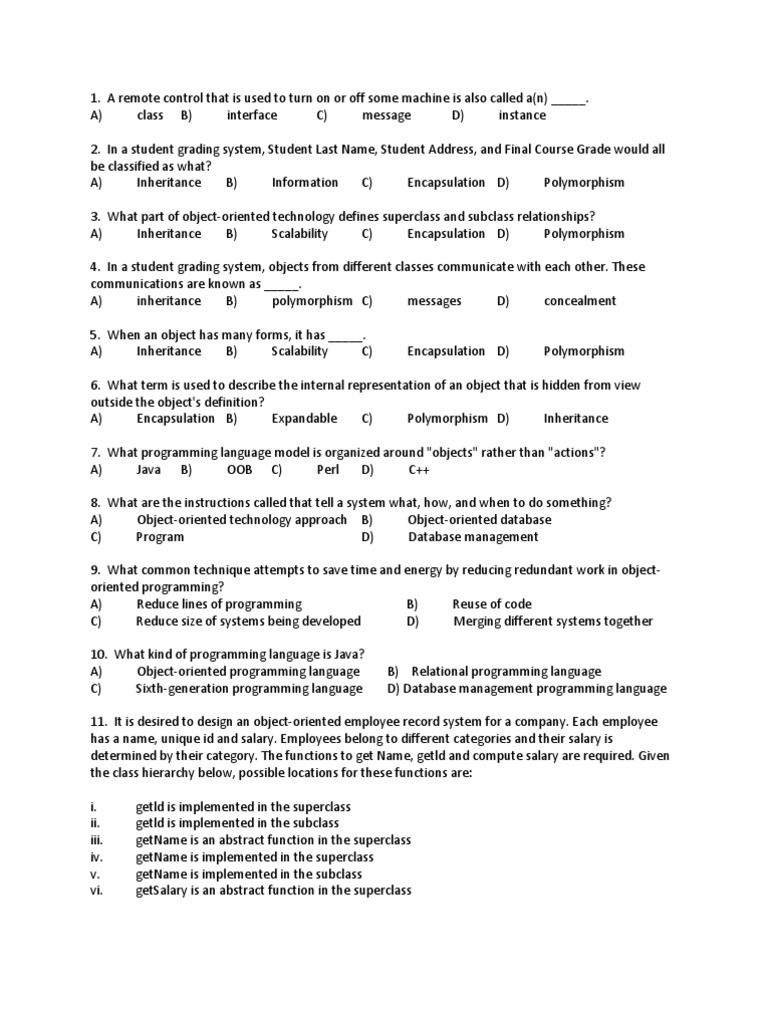 Object-Oriented Programming Quiz | PDF | Inheritance (Object Oriented ...
