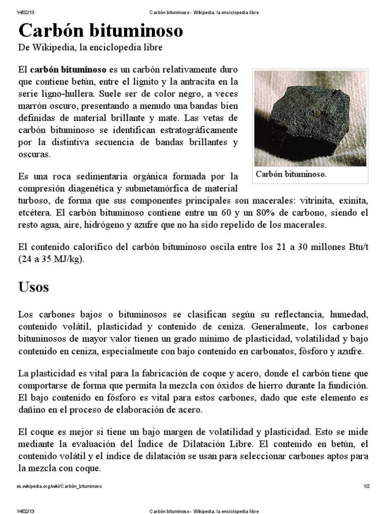 Carbón Bituminoso - Wikipedia, La Enciclopedia Libre | PDF | Asfalto | Carbón