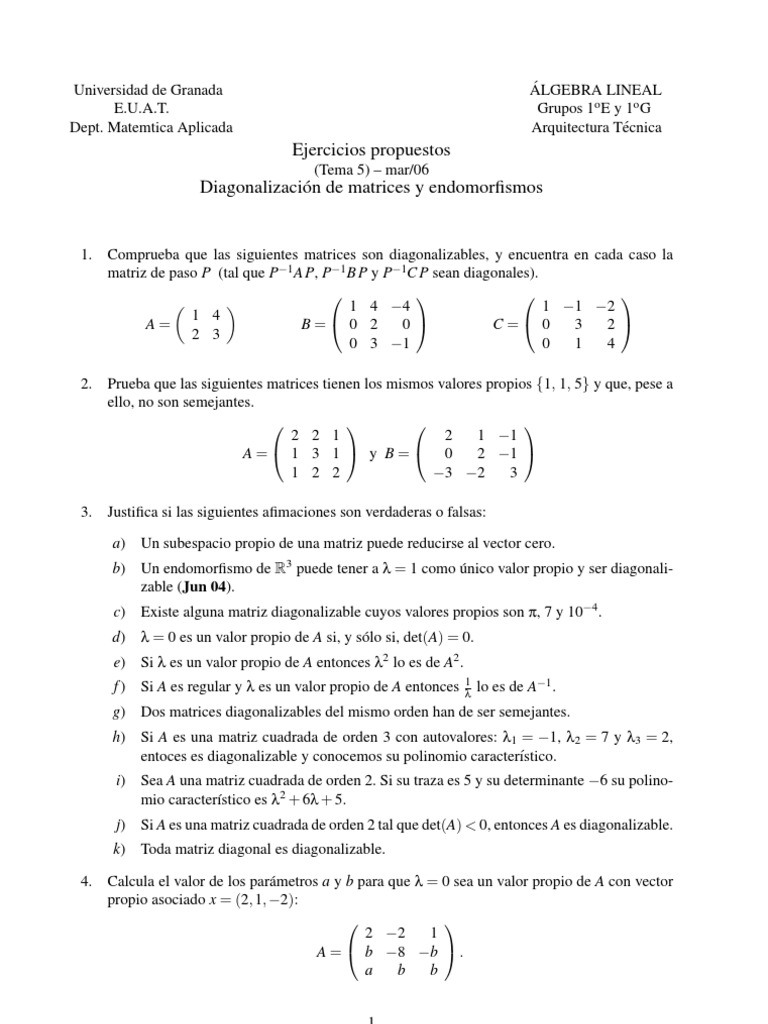 Ejercicos de Diagonalizacion | PDF | Valores propios y vectores propios | Matriz (Matemáticas)