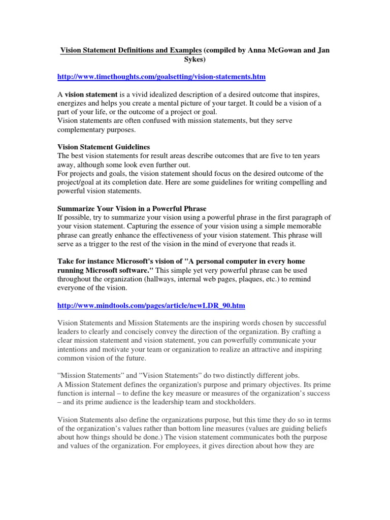 Best Examples of A Vision Statement | PDF | Business | Cognition