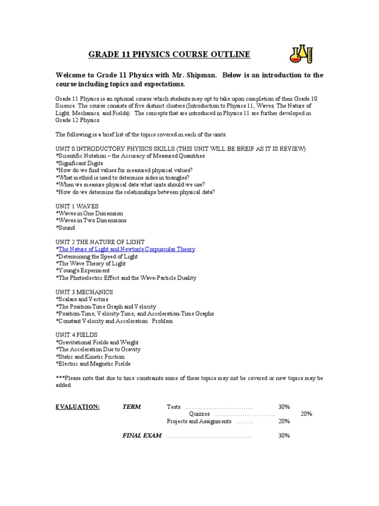 Grade 11 Physics Course Outline | PDF | Light | Physics