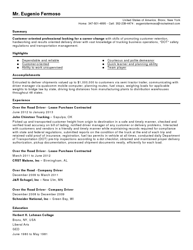 Experienced Over-the-Road Driver Resume | PDF