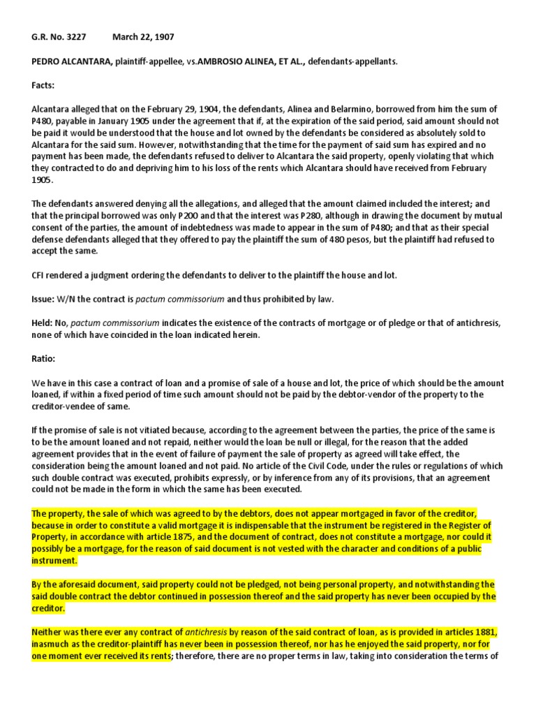 Analysis of a Contract Dispute Regarding Pactum Commissorium and the ...