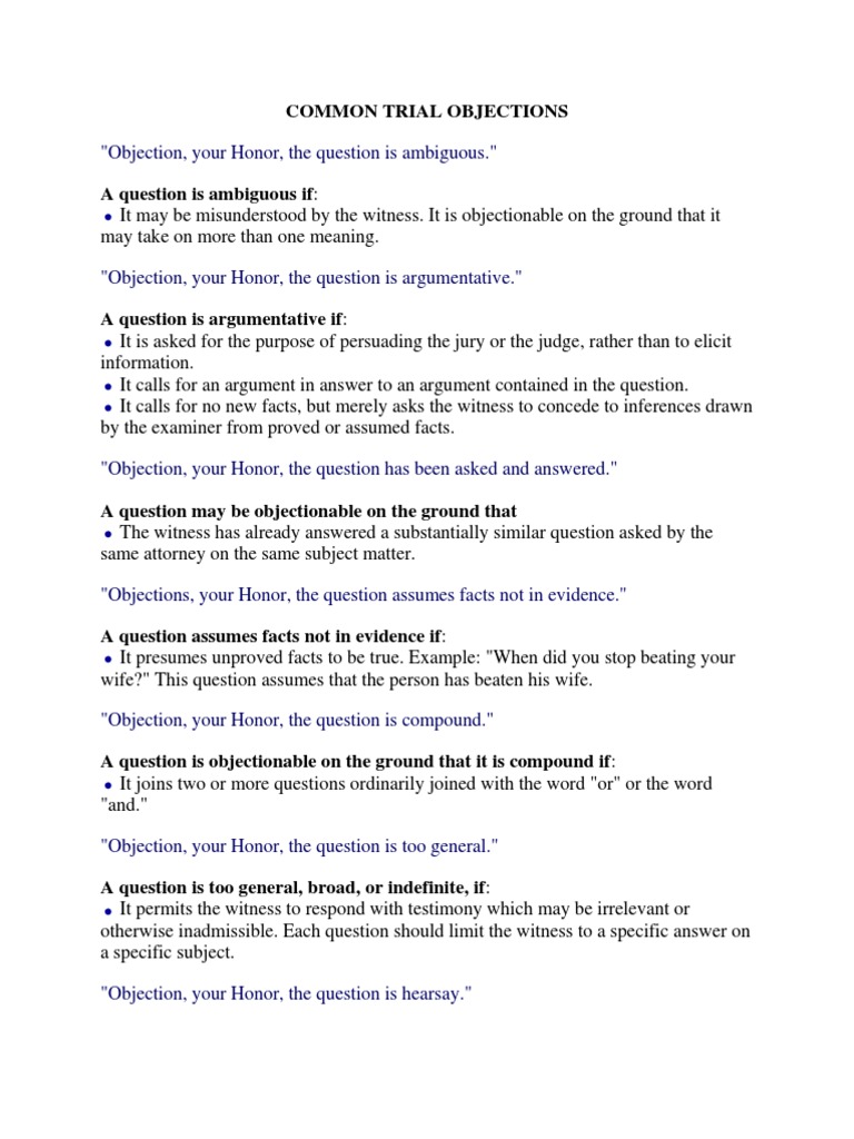 Common Trial Objections Guide | PDF | Hearsay | Witness