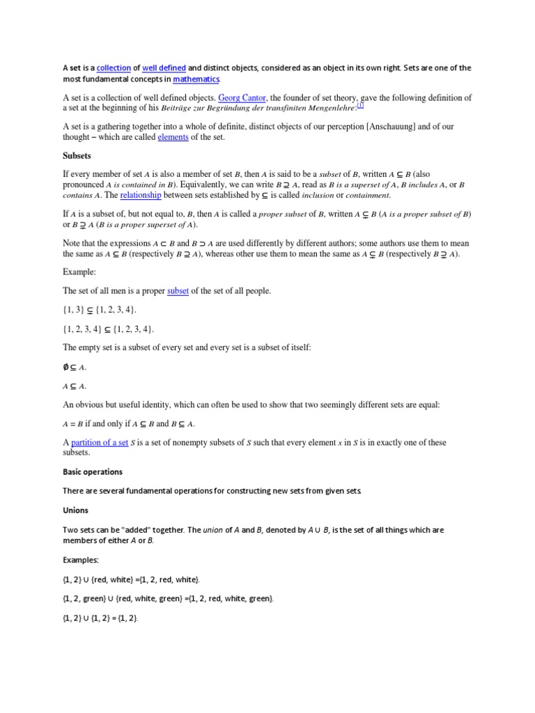 A Set Is A Collection of Well Defined and Distinct Objects | PDF | Set (Mathematics) | Abstract ...