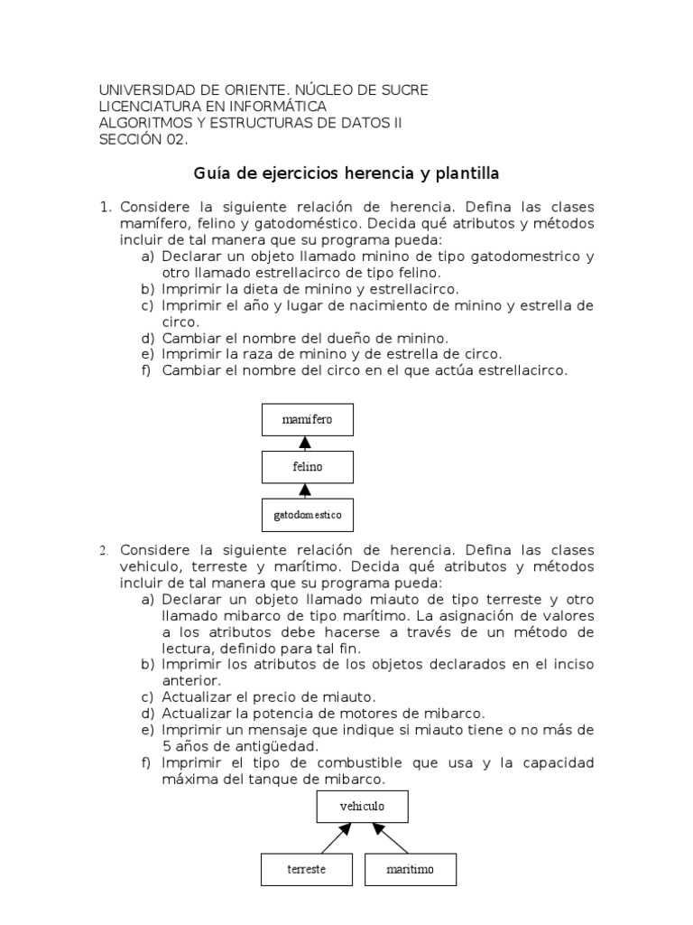 Guia de Ejercicios Herencia y Plantilla | PDF | Objeto (informática) | Herencia (Programación ...
