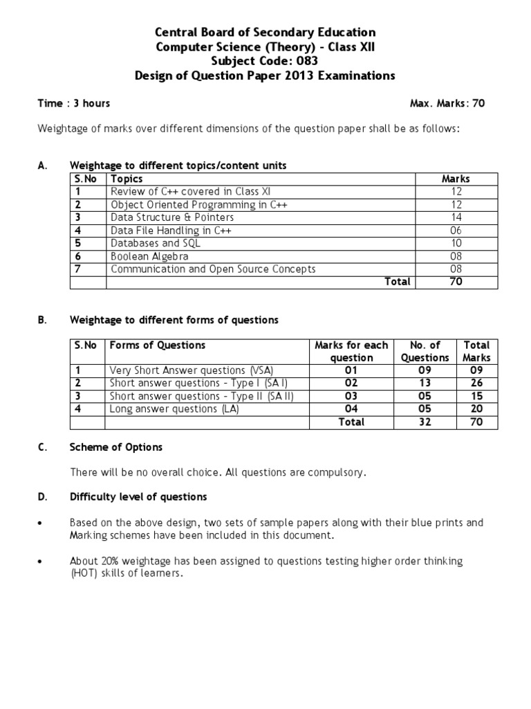 Blueprint of Question Paper For The Year 2013 | PDF | C++ | Object ...