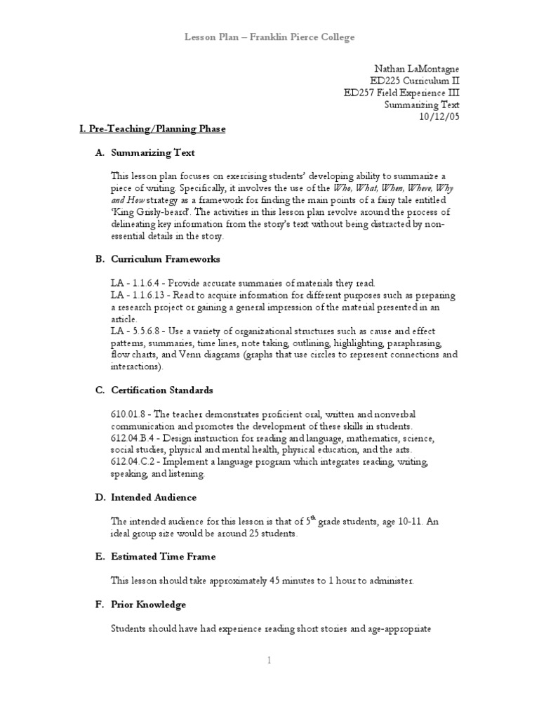 Lesson Plan-Grade 5-Reading and Writing-Summarizing Text | PDF | Lesson ...