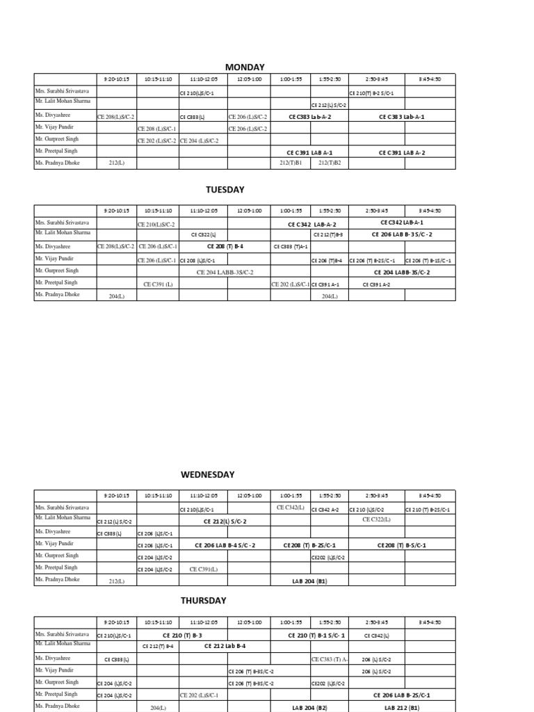 Weekly Class Schedule Overview | PDF