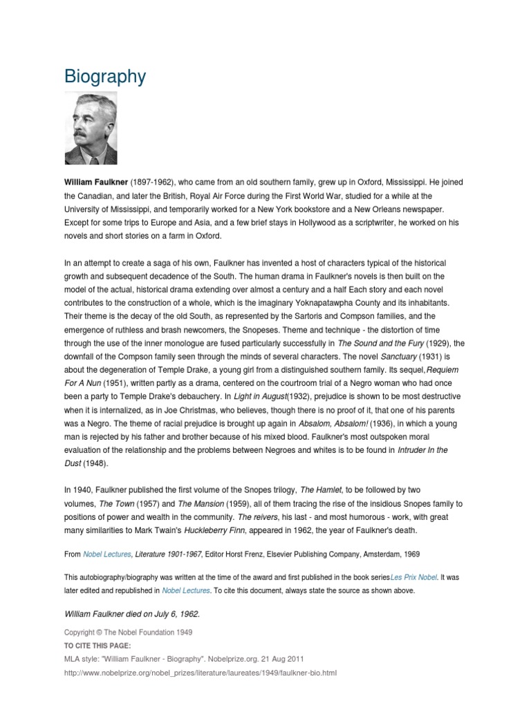 Biography William Faulkner | PDF | William Faulkner | English Language ...