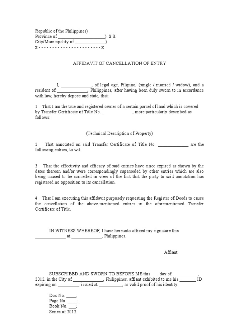 Affidavit Cancellation Entry RD