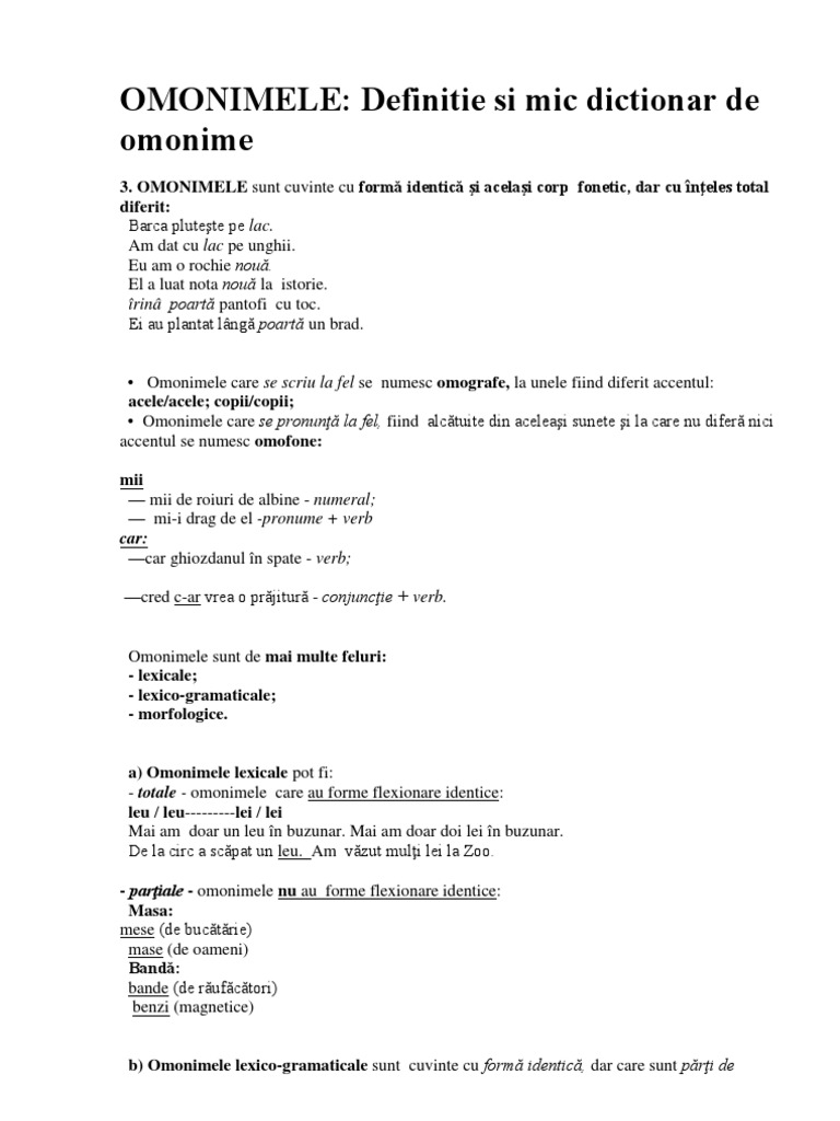 OMONIMELE Definitie Si Mic Dictionar de Omonime | PDF
