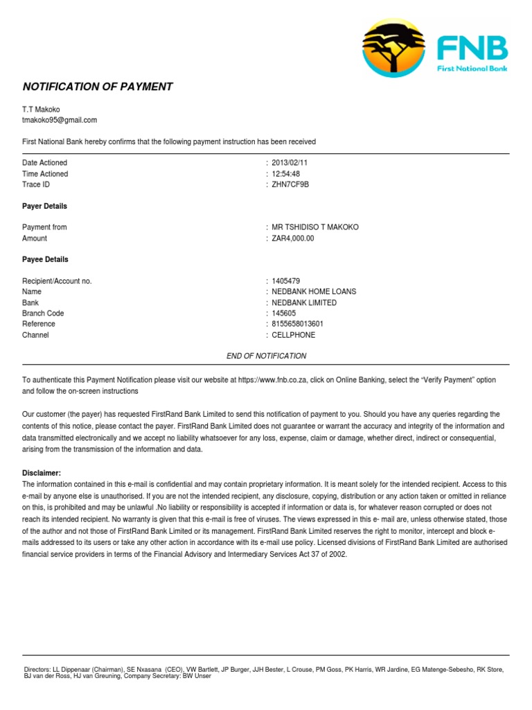 PaymentNotification ZHN7CF9B13 FNBRSA02 PDF | PDF | Payments | Banks