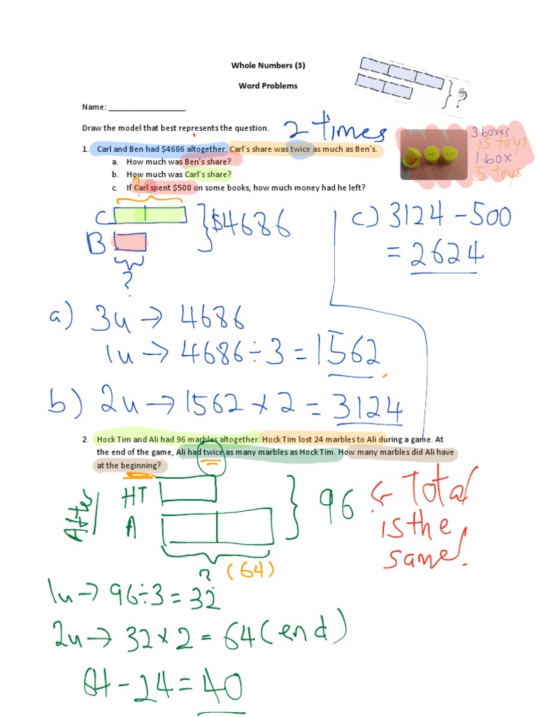 Whole Number Word Problems Worksheet | PDF