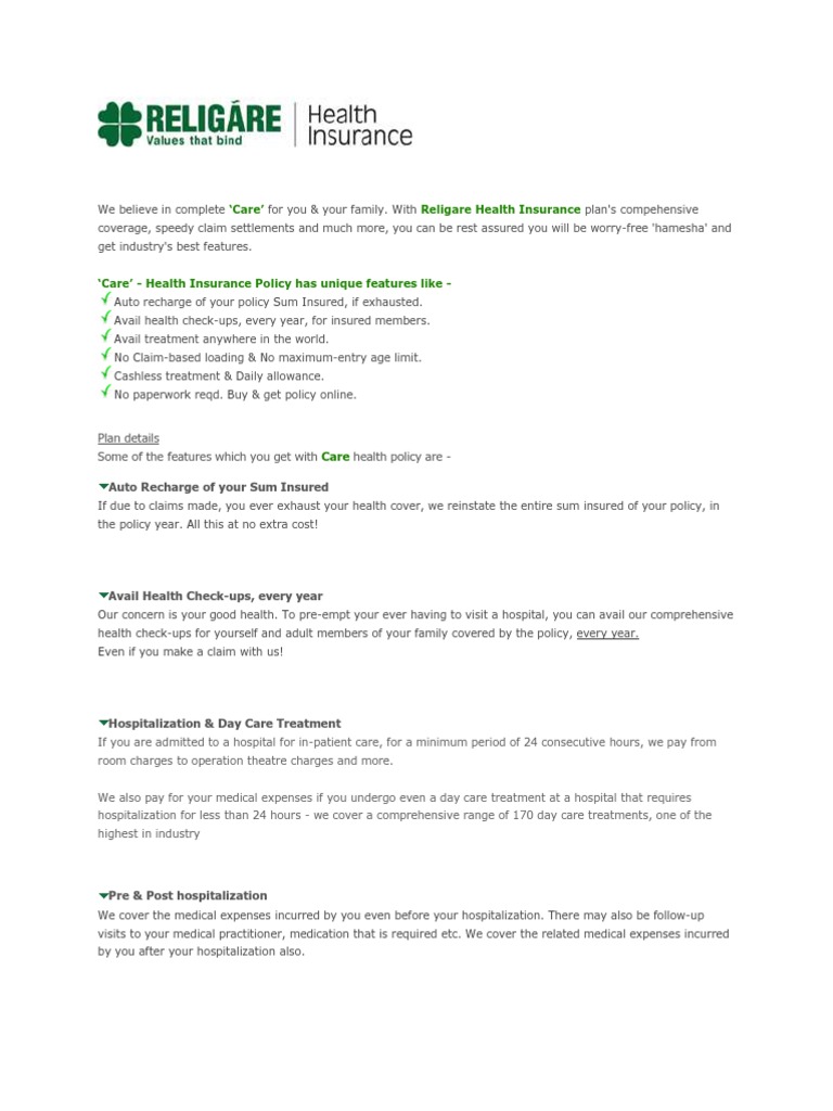 Religare Care - More Details | PDF | Insurance Policy | Insurance