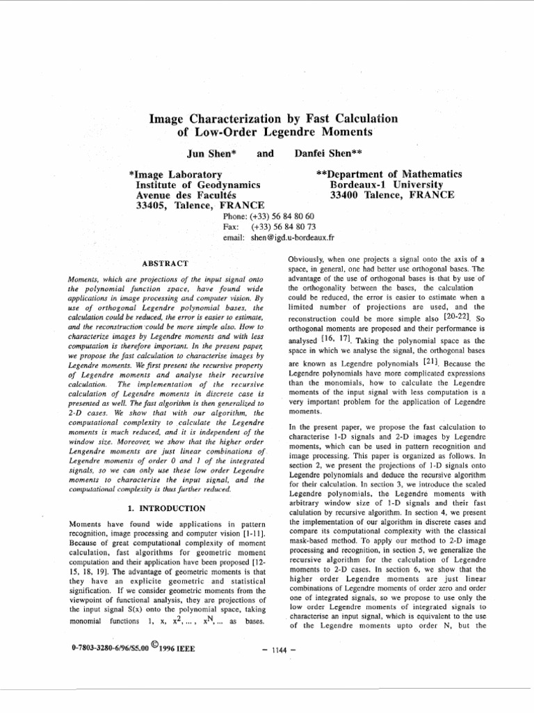 Image Characterization by Fast Calculation of Low-Order: Legendre ...