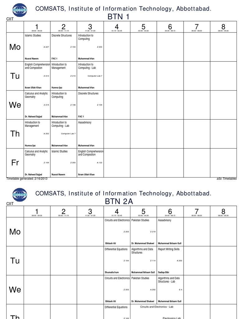 Comsats Abbottabad Sp13 Timetable | PDF | Electronics | Instrumentation
