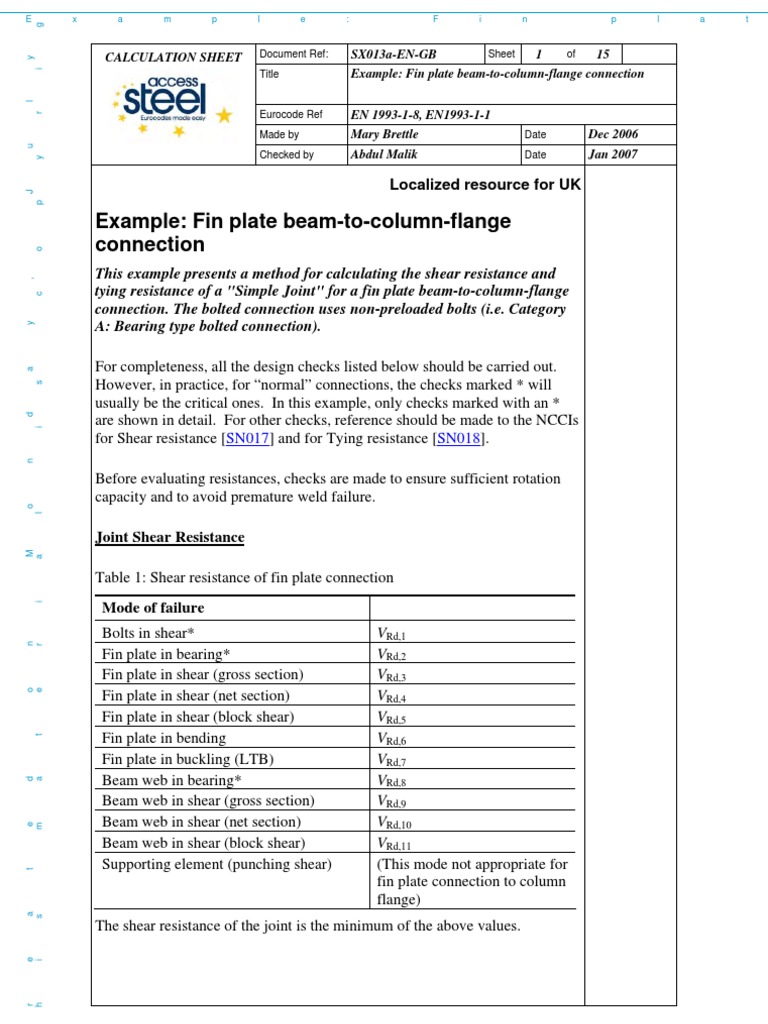 Fin Plate Beam-To-column-flange Connection (GB) | PDF | Structural ...