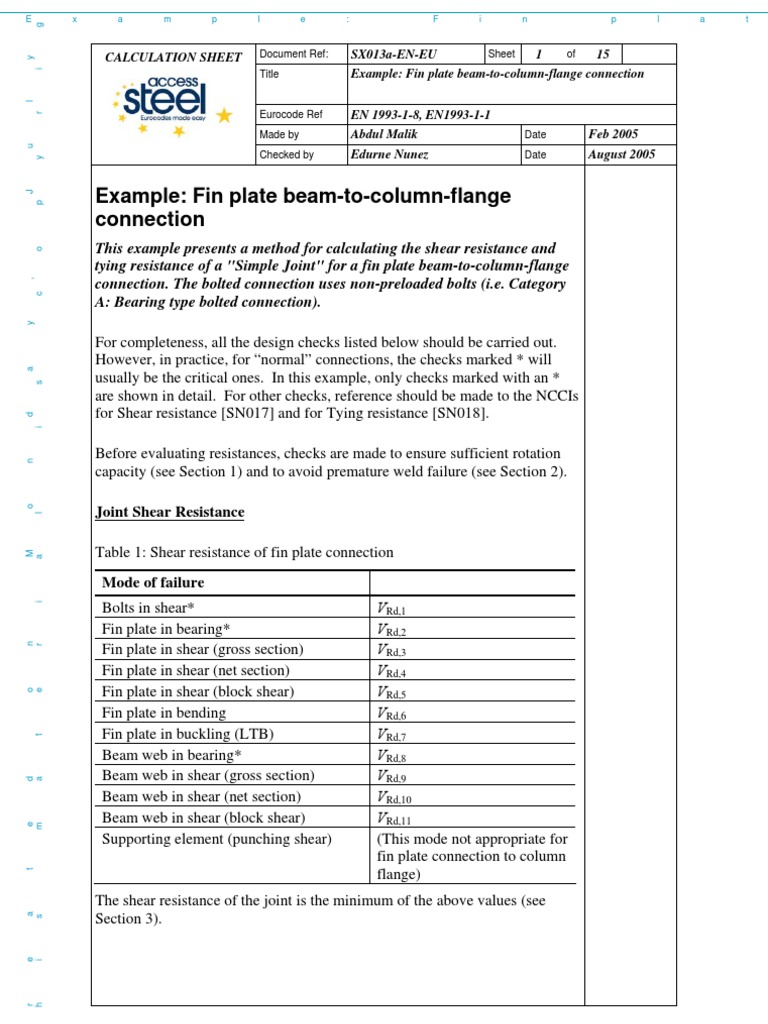 Fin Plate Beam To Column Flange Connection | PDF | Structural Steel ...