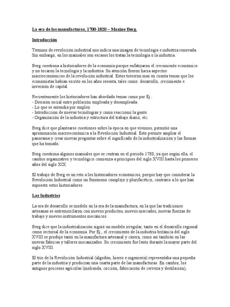Resumen La Era de Las Manufacturas 1700 1820 Maxine Berg | PDF ...