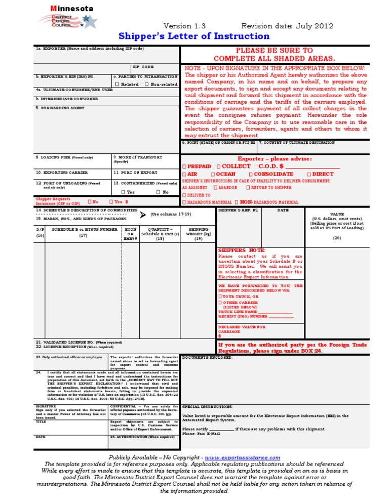 Shippers Letter Instruction Template 2012 | PDF