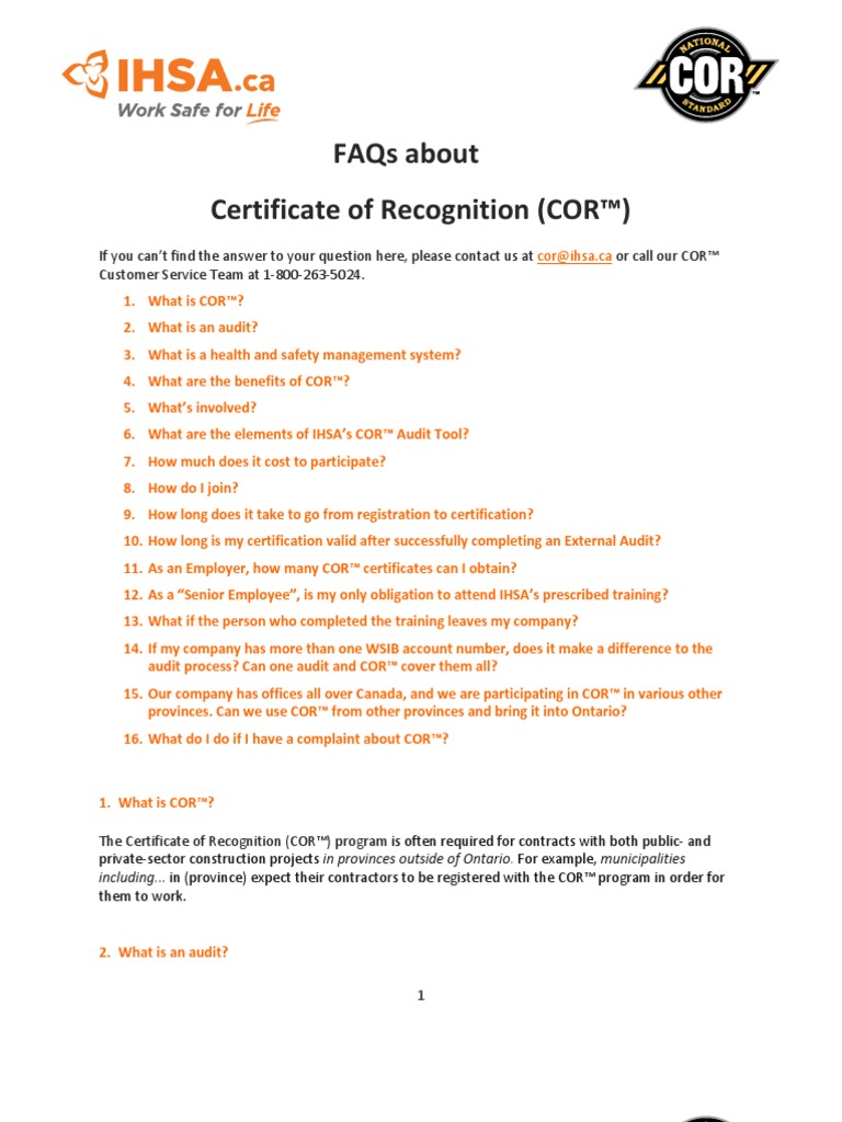 Certificate of Recognition (COR™) | Download Free PDF | Occupational ...