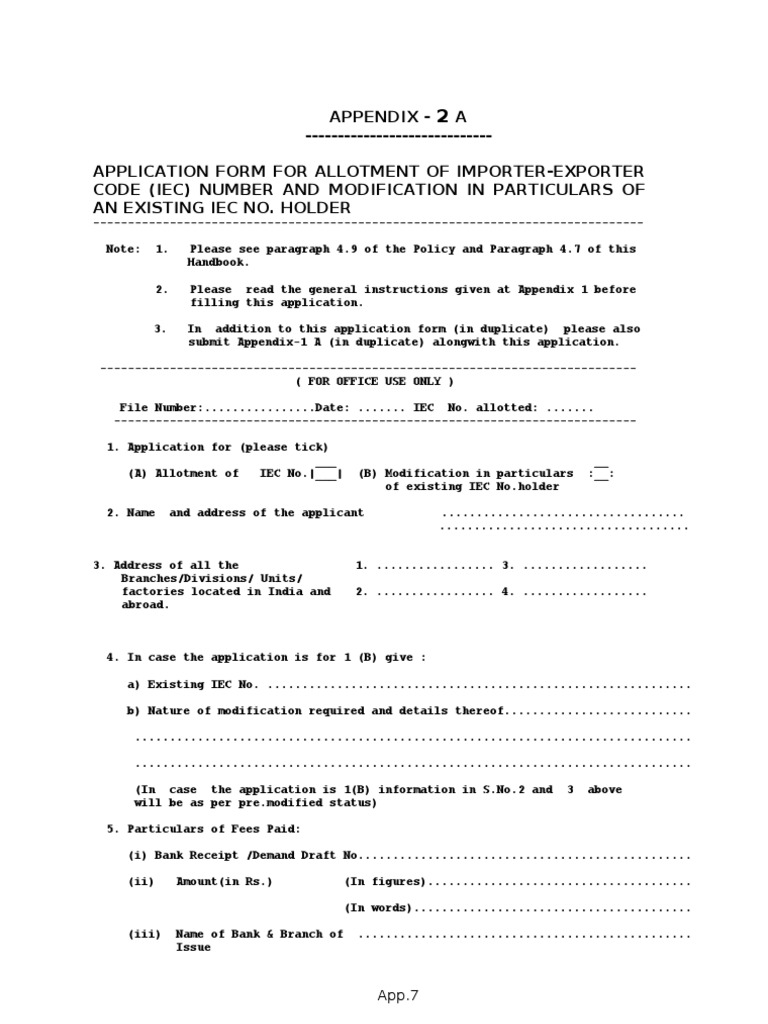 Appendix - A - Application Form For Allotment of Importer-Exporter Code ...