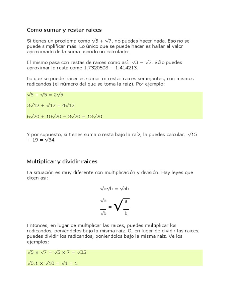 Sumar y Restar Raíces: Guía Práctica | PDF | Multiplicación | Sustracción